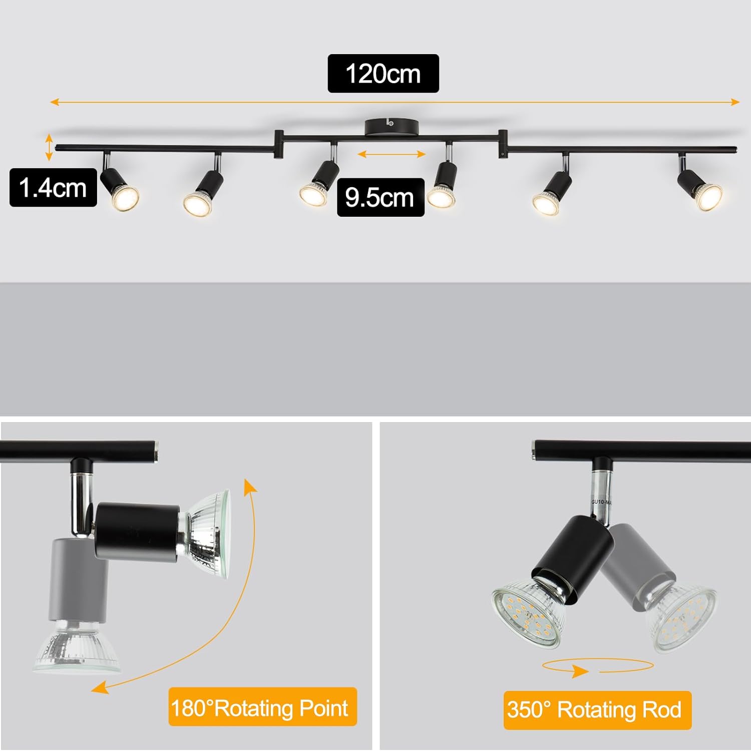 6 Way LED Ceiling Spot Lights Rotatable, 2700K Warm White Spotlight Bar ...