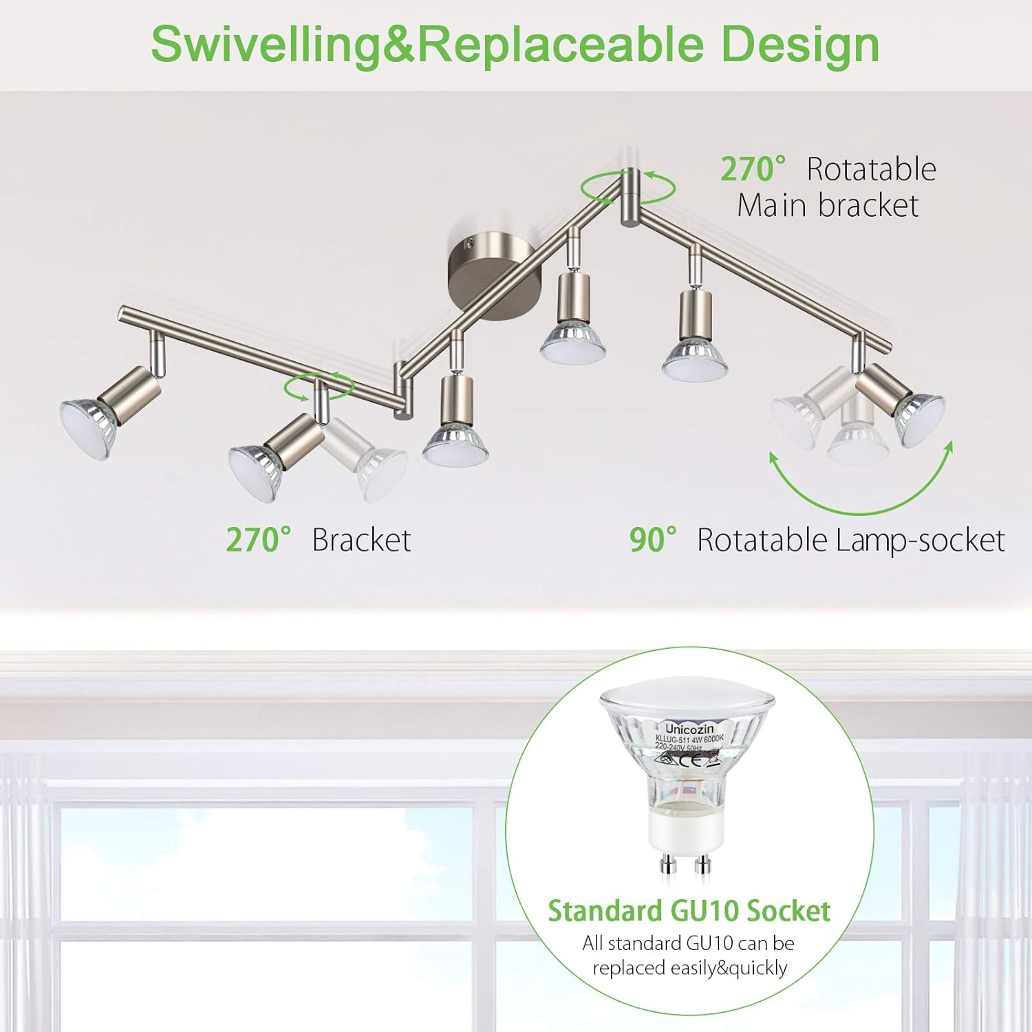 LED Ceiling Light Rotatable, 6 Way LED Ceiling Spotlight