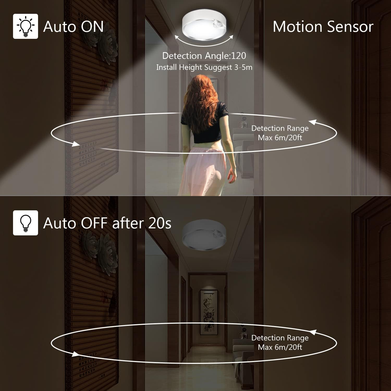 LED Motion Sensor Ceiling Light Battery Operated Indoor Lights