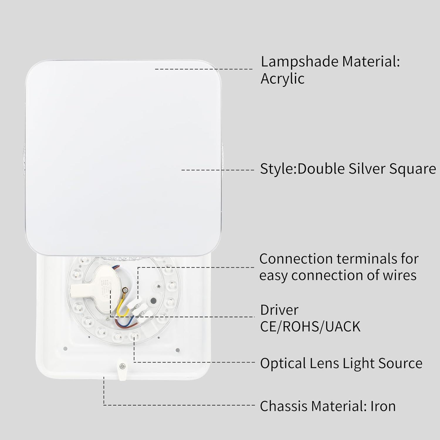 LED Ceiling Light 12W Silver-Rimmed Square, 6500K Cool White