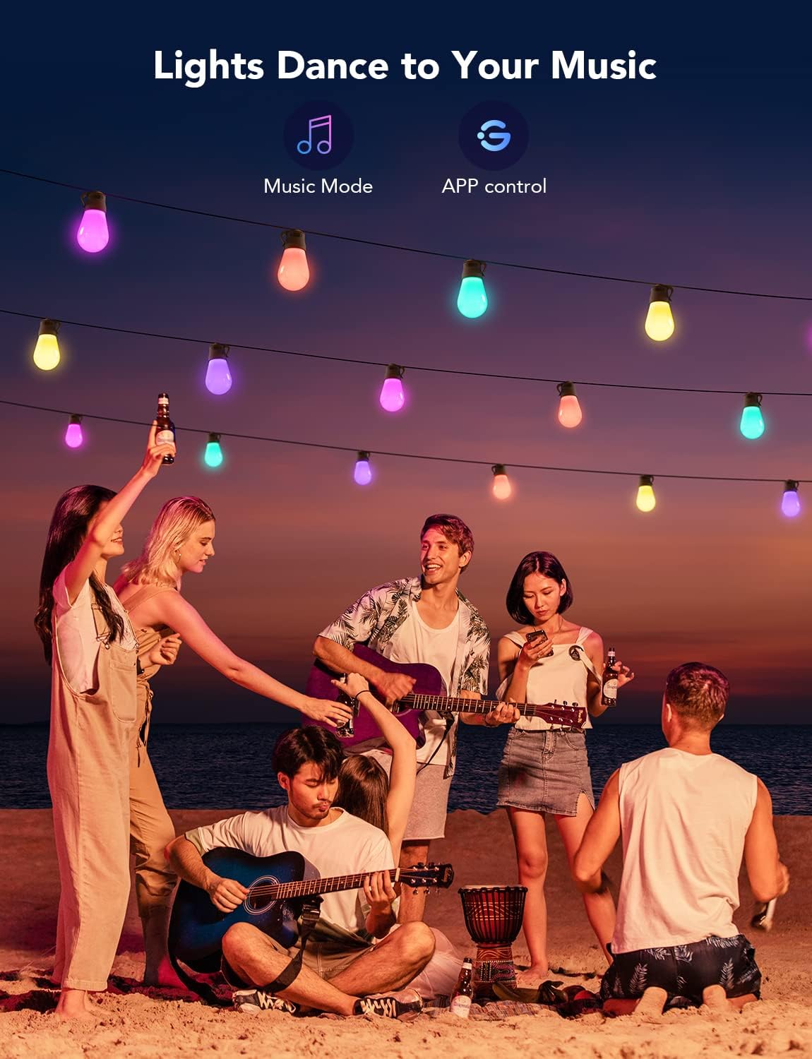 Outdoor LED String Lights, 15m RGBIC WiFi Garden Lights