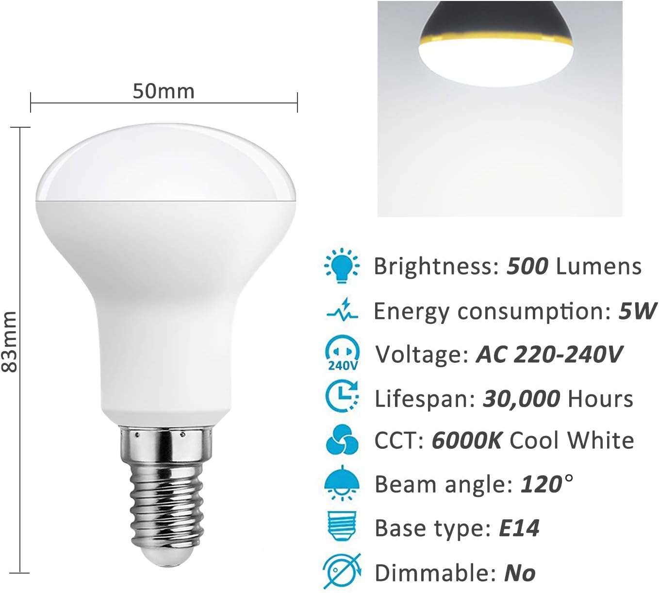 Spotlight Bulbs R50 E14 LED Cool White 6000K, 120° Beam Angle, 5W Replace