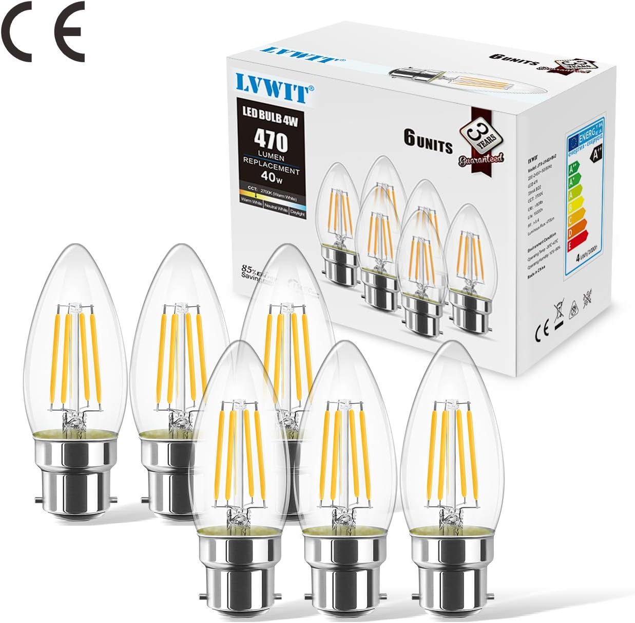 B22 LED Filament Candle Bulb,C35 4W Edison Candle Light Bulbs
