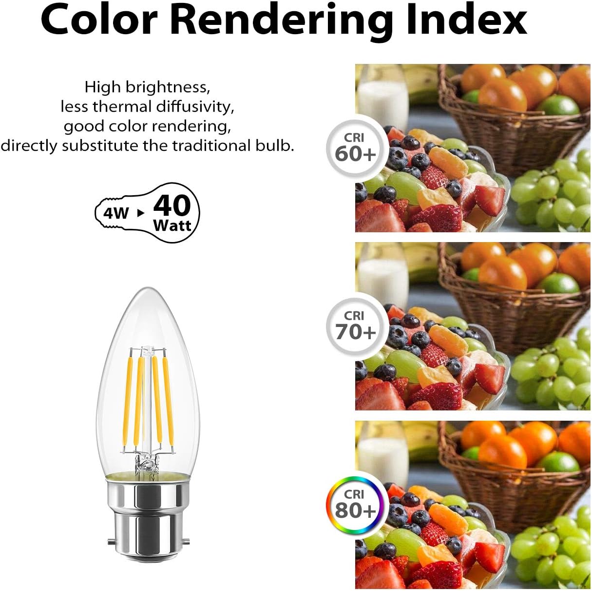 B22 LED Filament Candle Bulb,C35 4W Edison Candle Light Bulbs