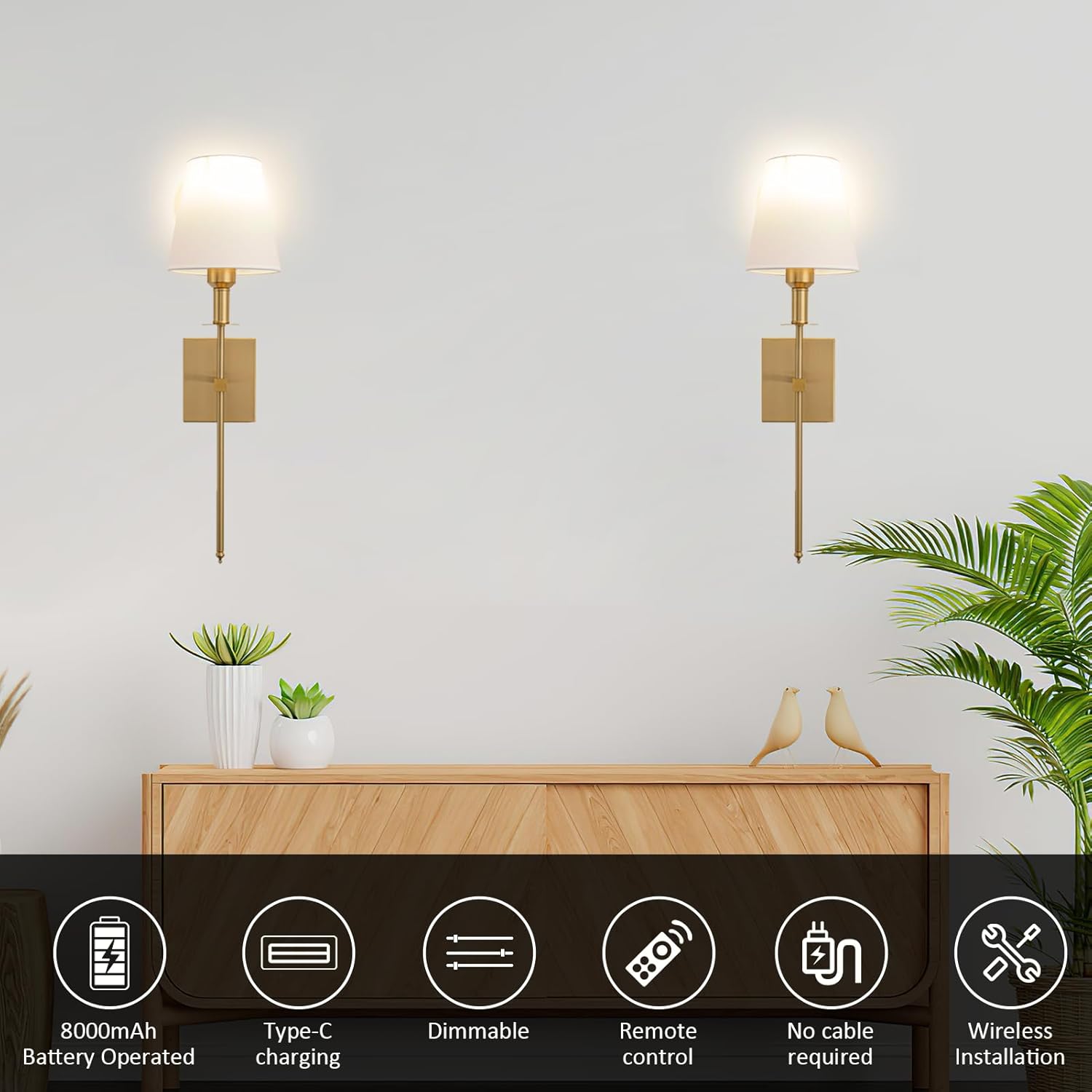 Modern Battery Operated Wall Lights Set of 2 – Gold Rechargeable Wall ...