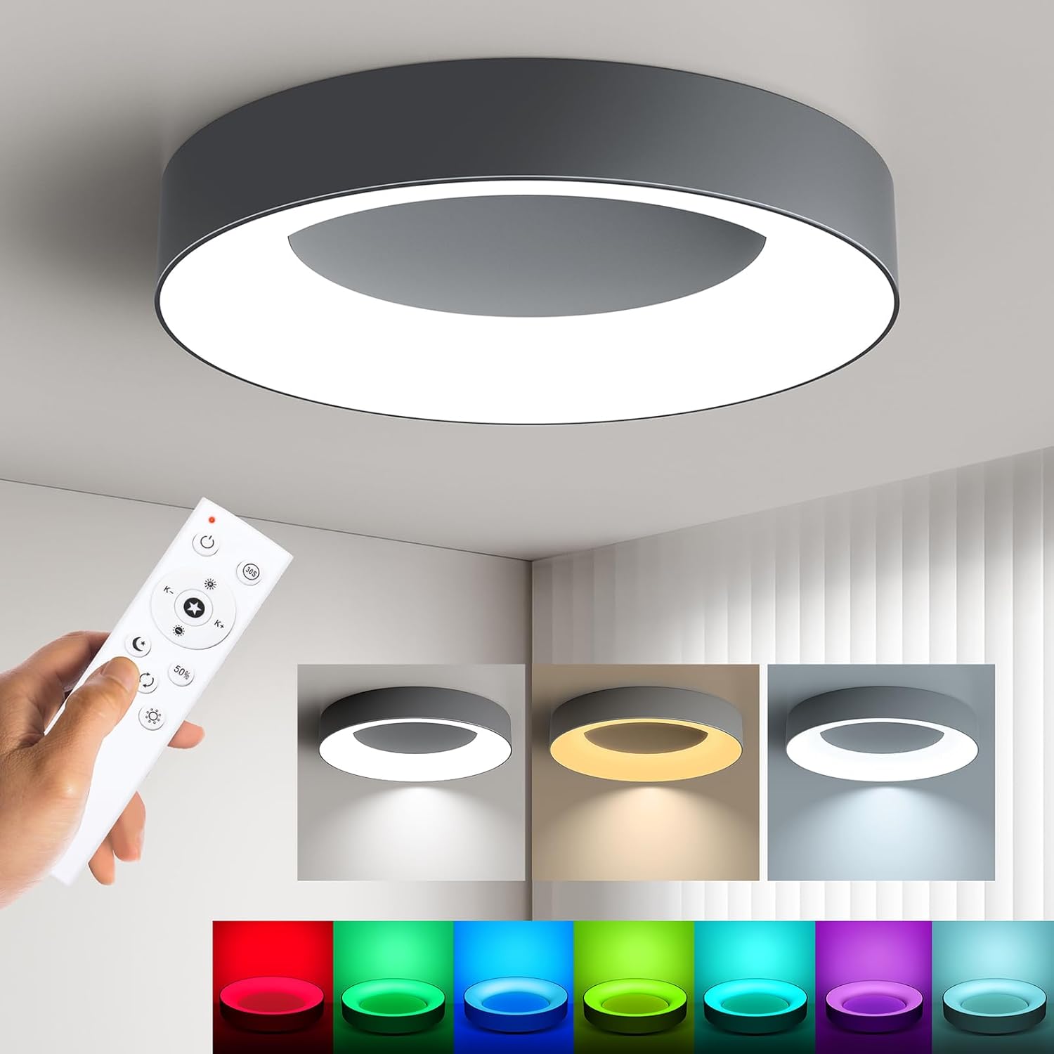 RGB LED Ceiling Light | 24W Dimmable, 2400LM, 3000K-6500K with Remote ...