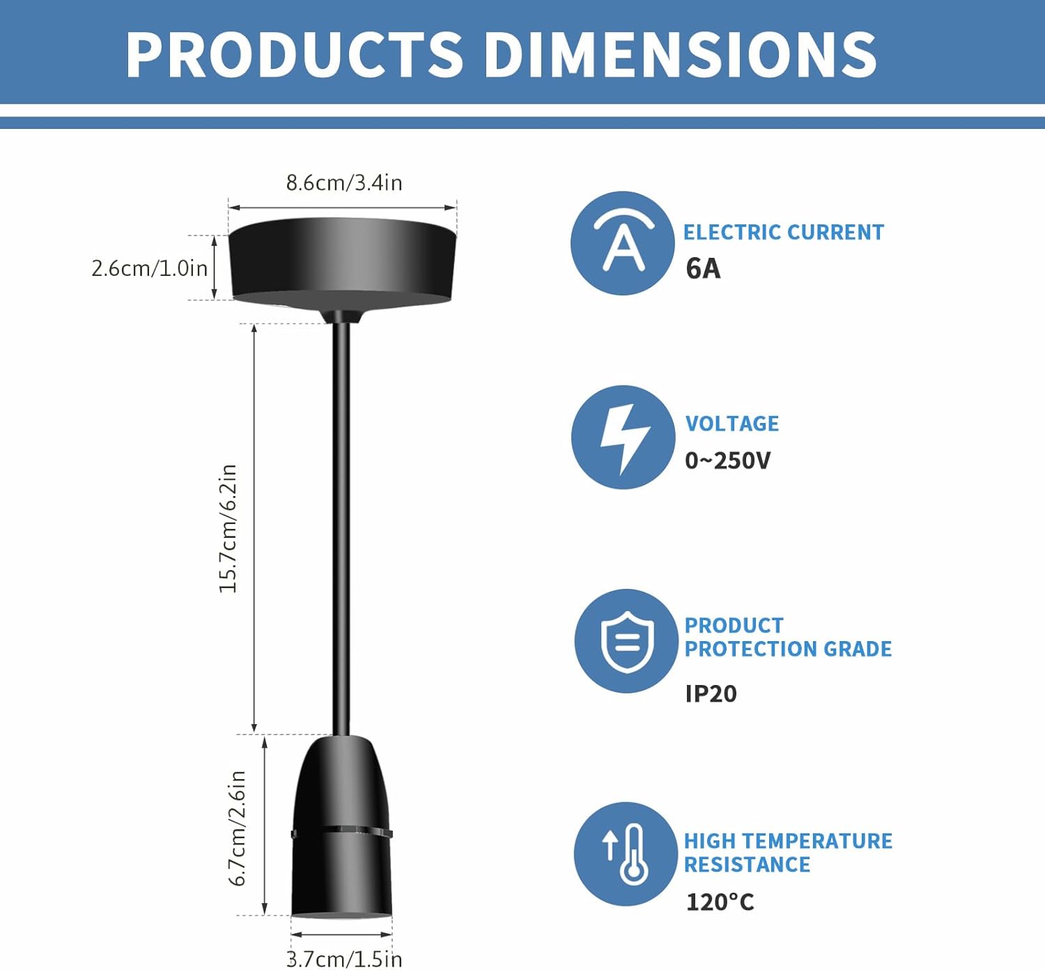 Black Ceiling Pendant Light Fitting | E27 Lamp Holder with 6” Ceiling ...