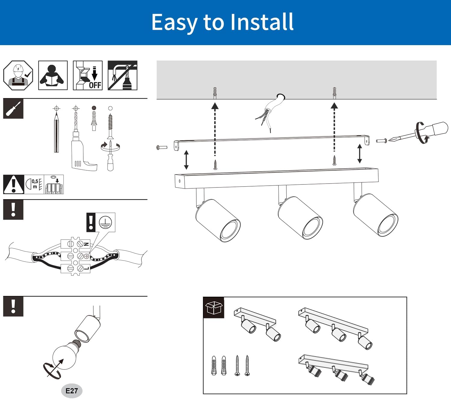 Retro Ceiling Light Fitting – 3-Way Adjustable Spot Light with E27 Base ...